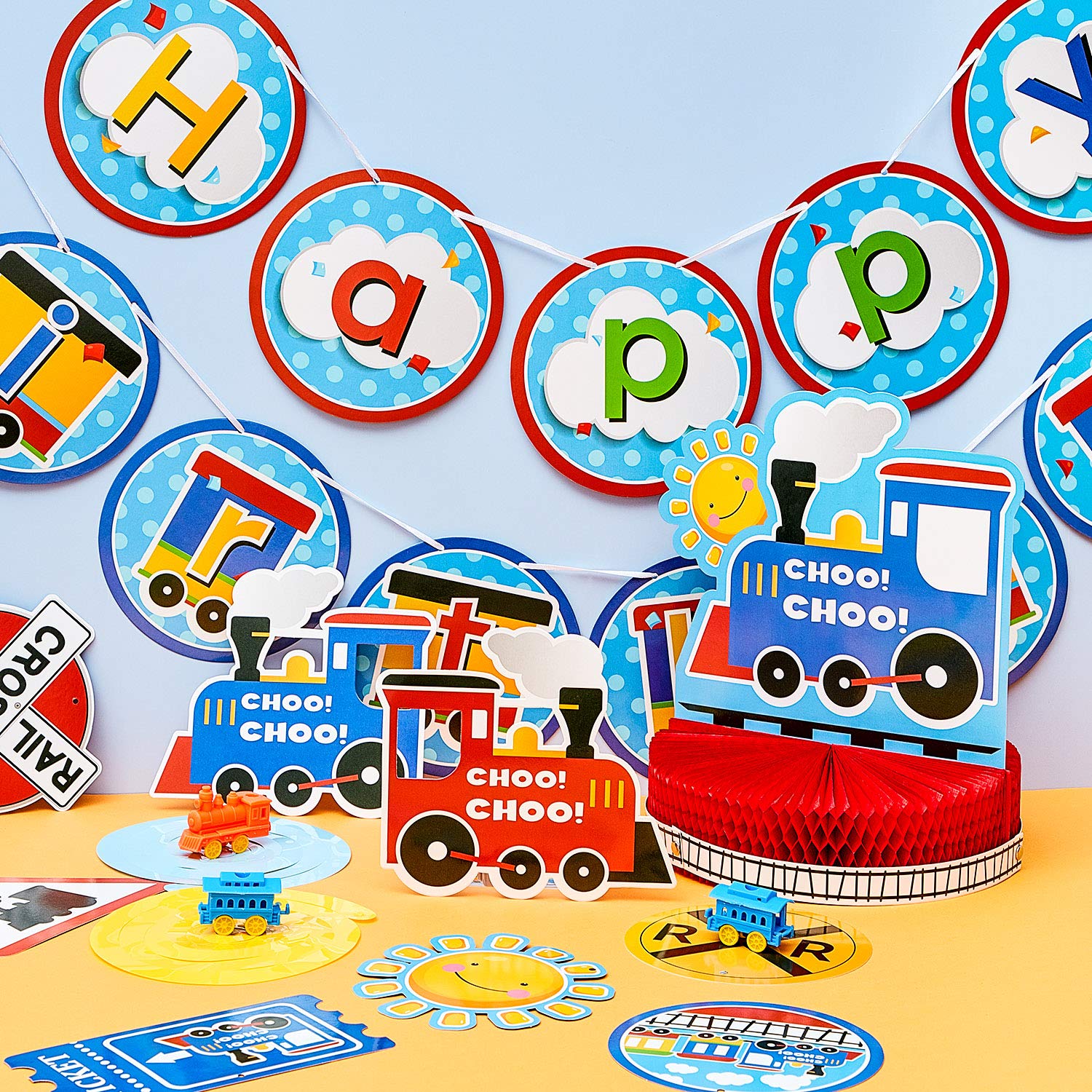 Train Birthday Themed Party Decorations Set, Happy Banner Train, Train Centerpiece, with 6 Pieces Train Hanging Swirl Decoration for Train Honeycomb Birthday Baby Shower Party Supplies