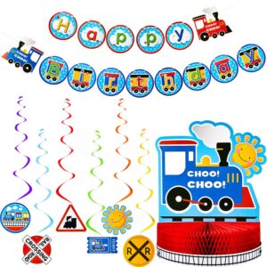 train birthday themed party decorations set, happy banner train, train centerpiece, with 6 pieces train hanging swirl decoration for train honeycomb birthday baby shower party supplies