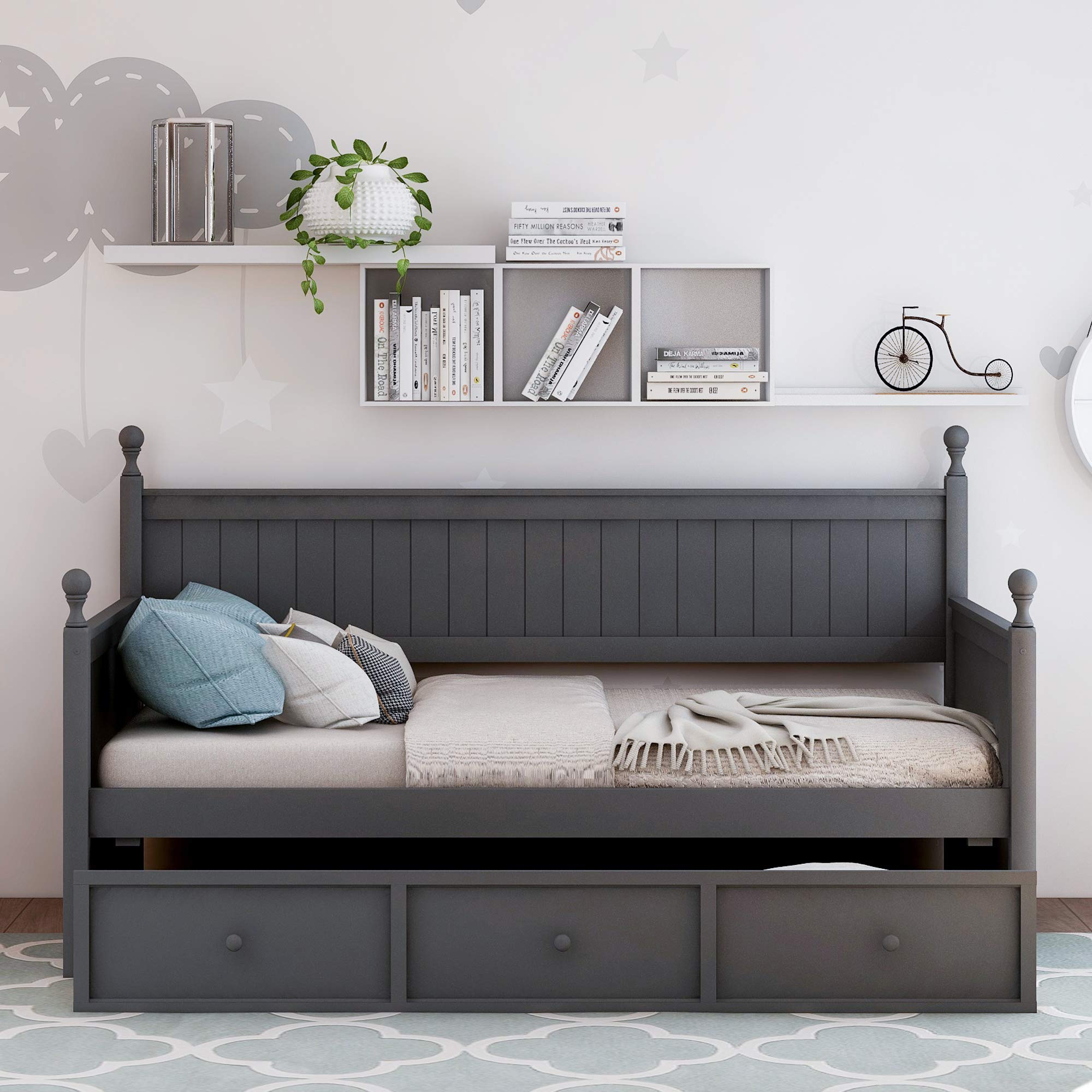 Wood Daybed with 3 Drawers, Solid Wood Daybed Twin Size Bed Frame for Kids/Adults, No Box Spring Needed, Gray