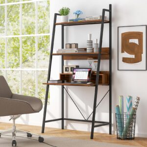 Tangkula 3-Tier Ladder Computer Desk, 71 Inch Modern Writing Desk with Storage Shelves, PC Laptop Workstation, Ladder Bookcase Stand Shelf with Metal Frame, Study Shelf Desk for Home Office (Brown)