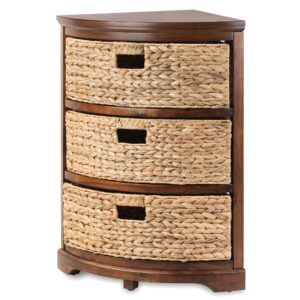 hampton meadows 3 tier x-side corner table storage cabinet with 3 wicker baskets, walnut