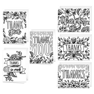 thank you coloring note cards / 24 color yourself grateful cards with envelopes / 6 floral appreciation designs / 3 1/2" x 4 7/8" black white coloring gratitude notes