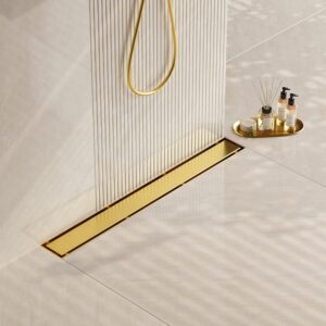 neodrain 24-inch gold linear shower drain, 2-in-1 flat & tile insert cover, stainless steel linear drain, brushed brass rectangle shower floor drain with hair strainer, watermark&cupc certified