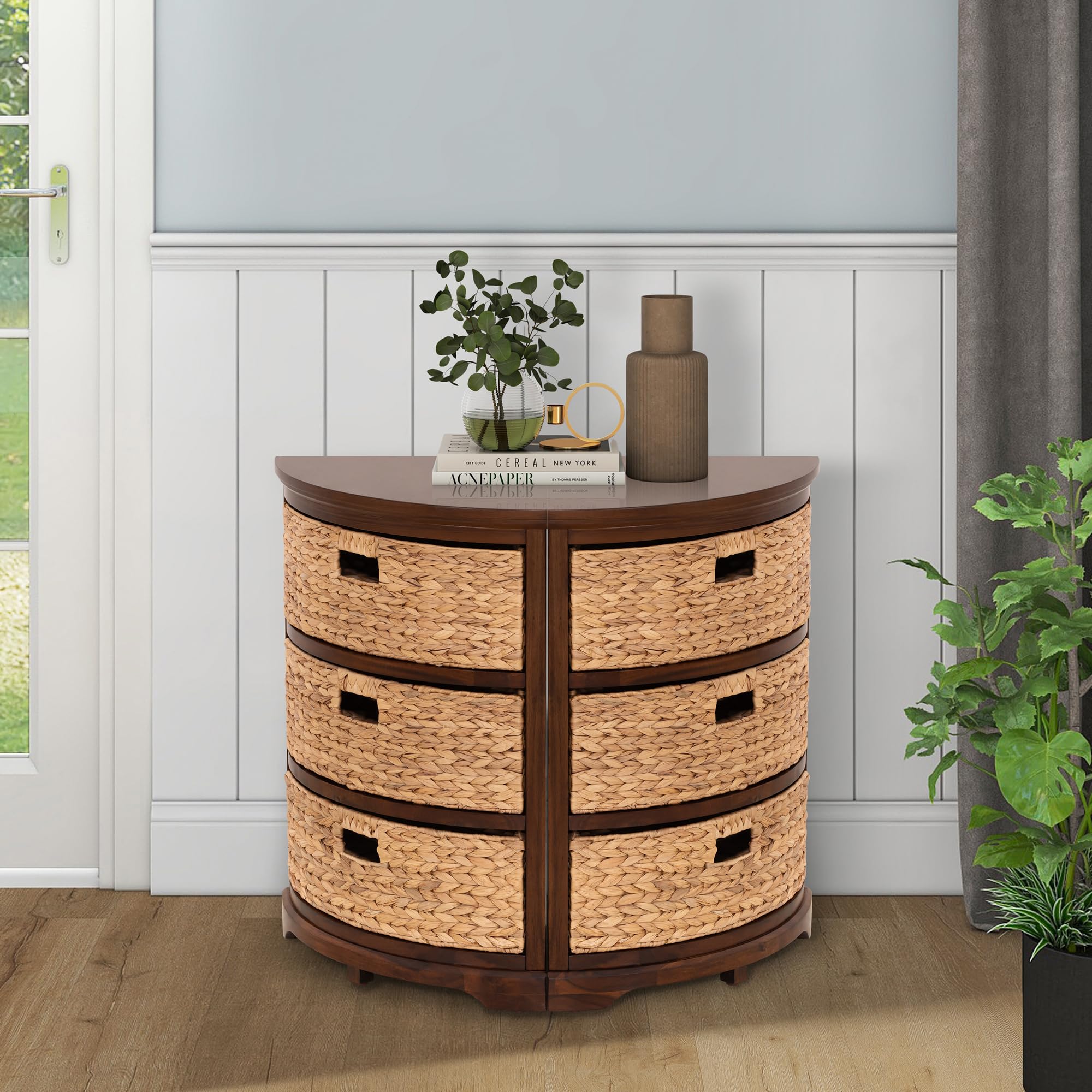 Hampton Meadows 3 Tier X-Side Corner Table Storage Cabinet with 3 Wicker Baskets, Walnut