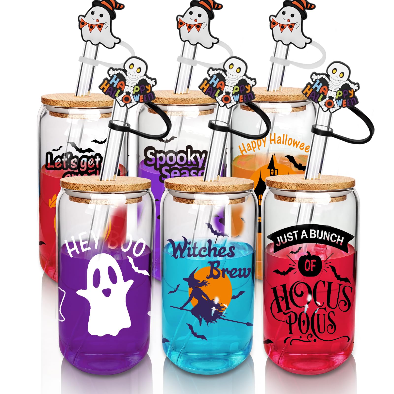 ANOITON Halloween Cups - Halloween Decorations Indoor Halloween Mug with Ghost Witch Decor Hocus Pocus Tumbler Halloween Party Supplies 18oz High Borosilicate Can Shaped Glass Cups Mug Tumbler