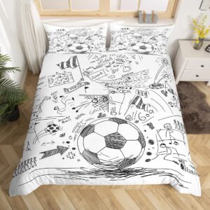 erosebridal football comforter cover, hand drawn sketch soccer flag network team sports duvet cover for boys teens men, decorative 3 piece bedding set with 2 pillow shams, queen size, white black