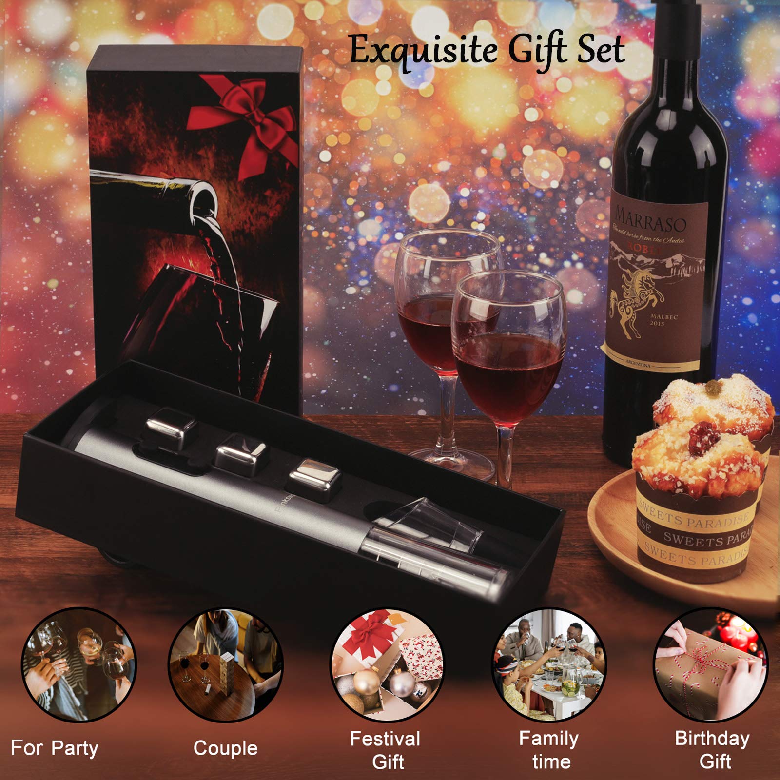 Wine Opener Electric Gift Set, Whiskey Stone Wine Lover Gifts with Wine Accessories of Automatic Corkscrew, Metal Ice Cube, Wine Pourer, Foil Cutter 4-in-1 set