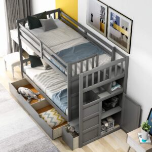 SOFTSEA Twin Over Twin/Full Bunk Bed with Staircase and Cabinet Wooden Bunk Bed Convertible into 2 Beds with Drawers for Kids