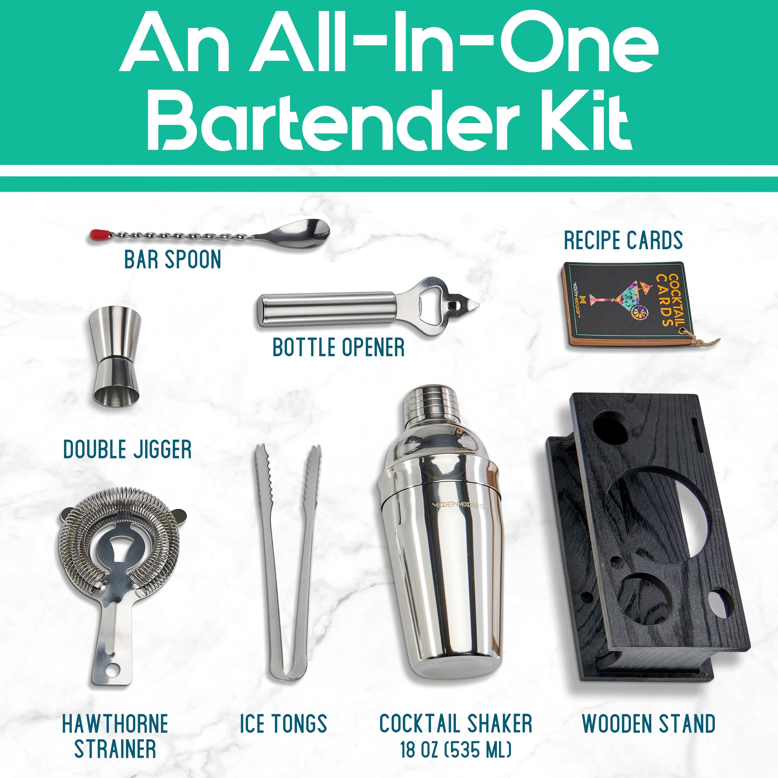 Mixology Bartender Kit - 8-Piece Silver Cocktail Shaker Set with Black Wood Stand, Recipe Cards, and Bar Accessories Ideas