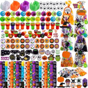 joyin 168 pcs halloween stationery set, 24 pack goody bags with halloween tag including vampire teeth, spiders, stamps, stickers, slap bracelets for kids trick or treat, party favor