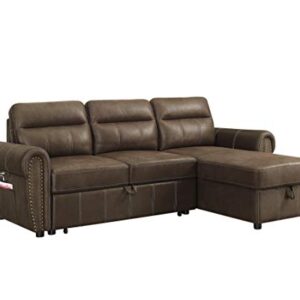 Lilola Home Hugo 96" W Brown Reversible Sleeper Sectional Sofa Chaise with USB Charger