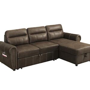 Lilola Home Hugo 96" W Brown Reversible Sleeper Sectional Sofa Chaise with USB Charger