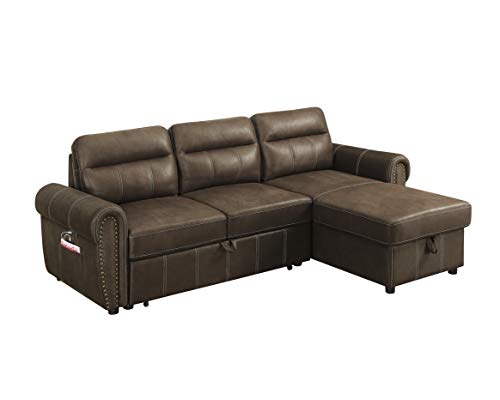 Lilola Home Hugo 96" W Brown Reversible Sleeper Sectional Sofa Chaise with USB Charger