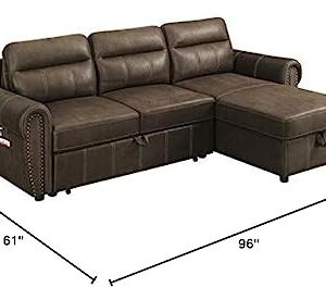 Lilola Home Hugo 96" W Brown Reversible Sleeper Sectional Sofa Chaise with USB Charger