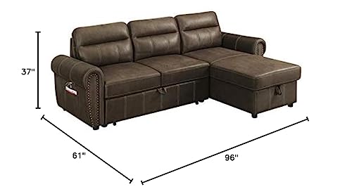 Lilola Home Hugo 96" W Brown Reversible Sleeper Sectional Sofa Chaise with USB Charger