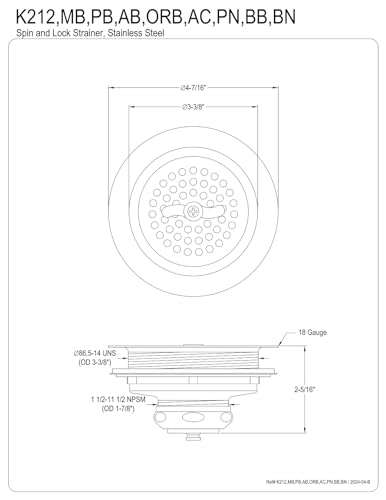 Kingston Brass K212 Tacoma Kitchen Sink Basket Strainer, Stainless Steel 4.44 x 4.44 x 2.31