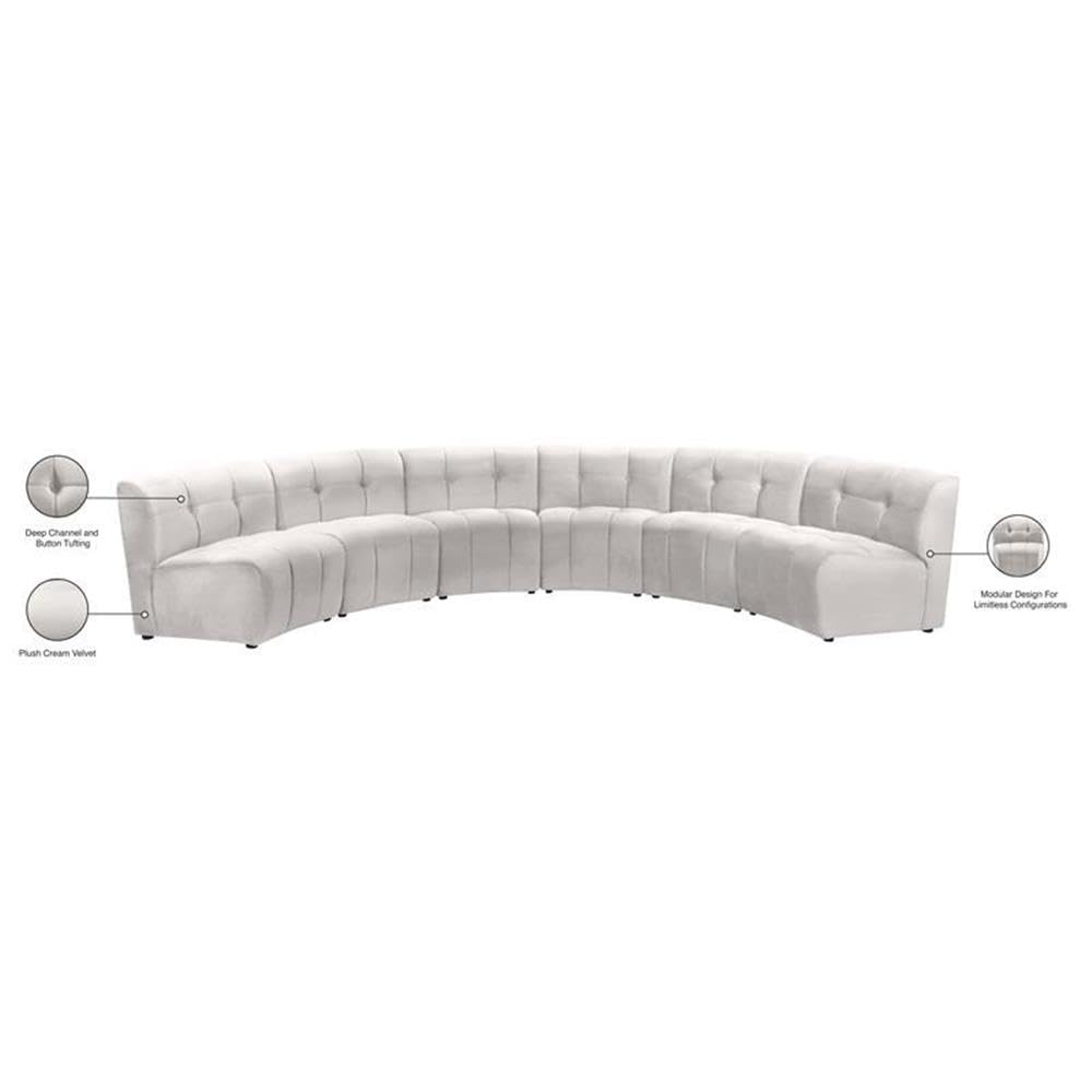 Meridian Furniture Limitless Collection Modern | Contemporary Velvet Upholstered Modular Sectional with Deep Channel and Button Tufting, 6 Piece, Cream