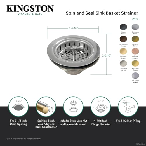 Kingston Brass K212 Tacoma Kitchen Sink Basket Strainer, Stainless Steel 4.44 x 4.44 x 2.31