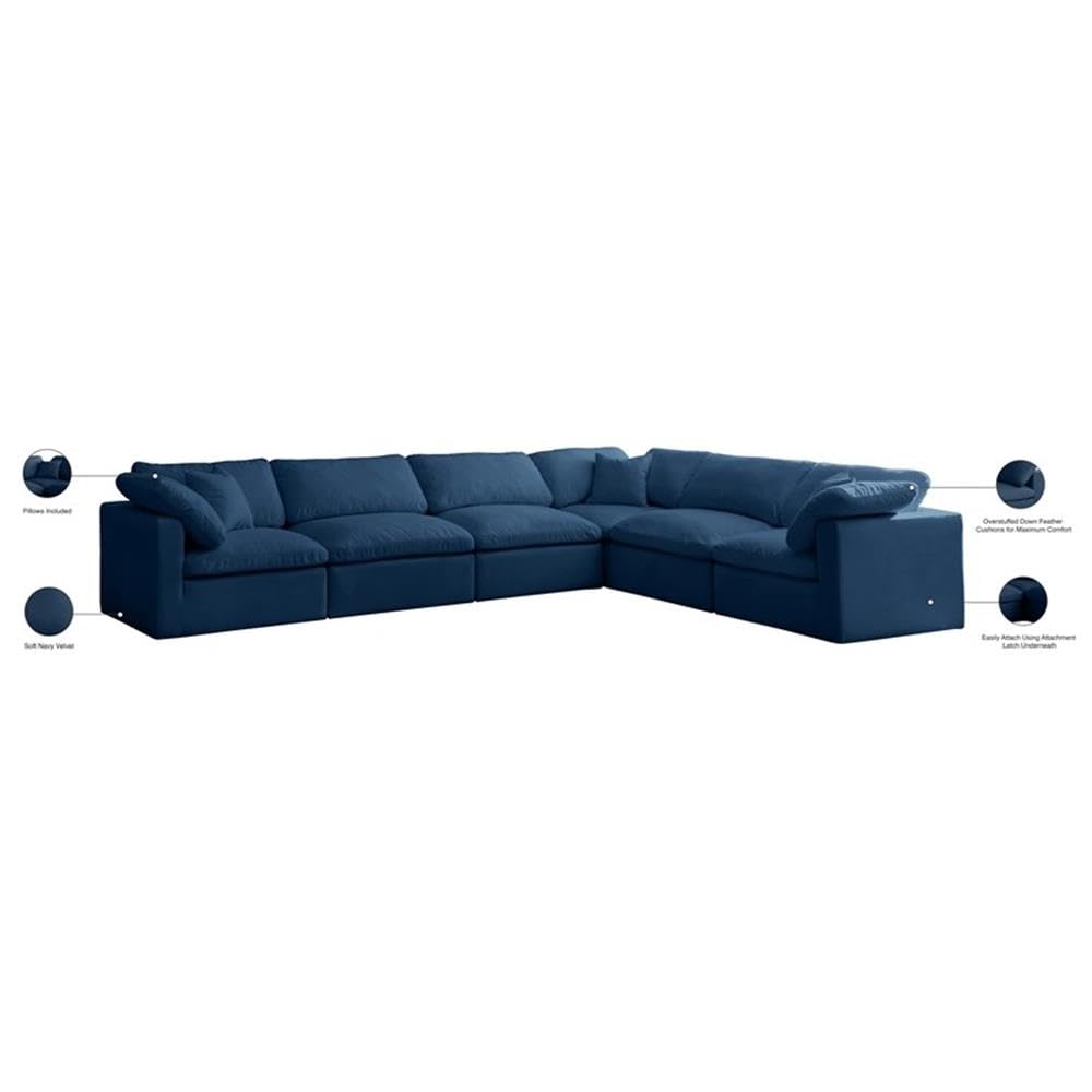 Meridian Furniture 602Navy-Sec6A Plush Collection Contemporary Down Filled Comfort Overstuffed Velvet Upholstered Modular L-Shaped Sectional 6-Seater Navy