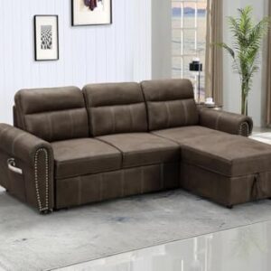 Lilola Home Hugo 96" W Brown Reversible Sleeper Sectional Sofa Chaise with USB Charger