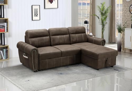 Lilola Home Hugo 96" W Brown Reversible Sleeper Sectional Sofa Chaise with USB Charger