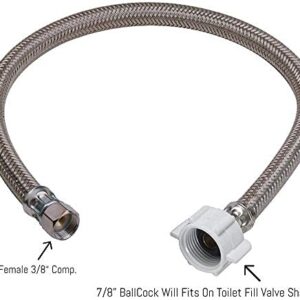 EZ-Fluid 12“ Toilet Water Supply Connector, Braided Stainless Steel - 3/8“ Female Compression Thread x 7/8” Female Ballcock Thread 12-Inch Toilet Water Connectors Hose (1-PACK)