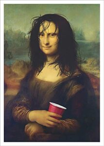 rsvp funny birthday greeting card: mona lisa with messy hair,red,5" x 7",gc-b5873