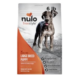 nulo freestyle dry puppy food, premium grain-free larger kibble to support proper chewing, high animal-based protein and balanced levels of calcium & phosphorus for healthy bone development