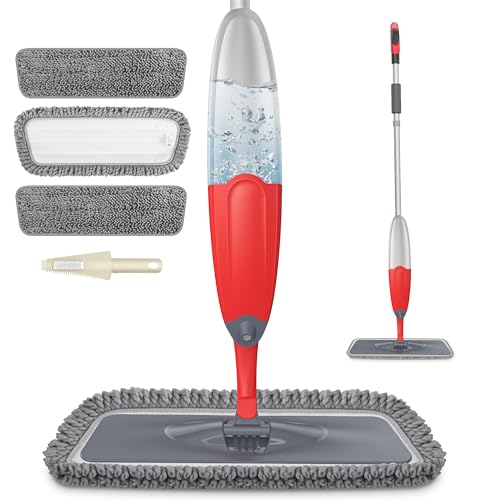 HOMTOYOU Microfiber Spray Mop for Floor Cleaning, Dry Wet Hardwood Kitchen Floor Mop with 635ml Water Tank 360 Degree Spin Dust Chenille Mop with 3 Reusable Refills for Laminate Tile Marble