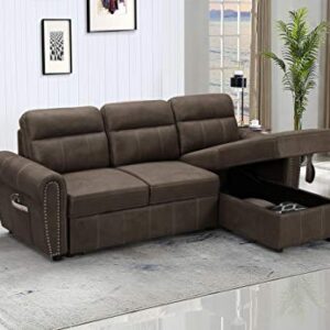 Lilola Home Hugo 96" W Brown Reversible Sleeper Sectional Sofa Chaise with USB Charger