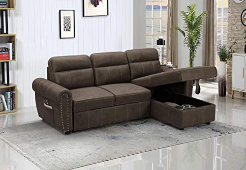 Lilola Home Hugo 96" W Brown Reversible Sleeper Sectional Sofa Chaise with USB Charger