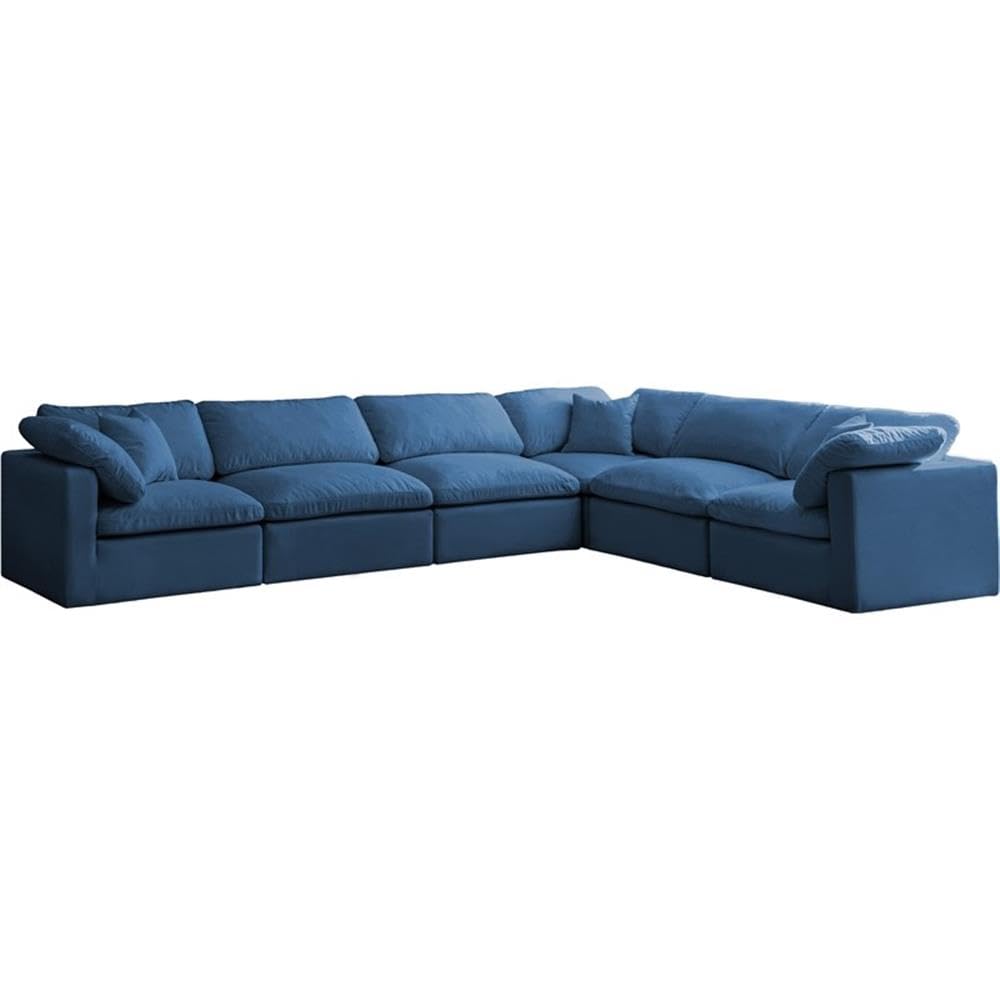 Meridian Furniture 602Navy-Sec6A Plush Collection Contemporary Down Filled Comfort Overstuffed Velvet Upholstered Modular L-Shaped Sectional 6-Seater Navy