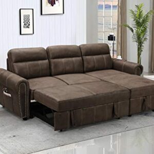 Lilola Home Hugo 96" W Brown Reversible Sleeper Sectional Sofa Chaise with USB Charger