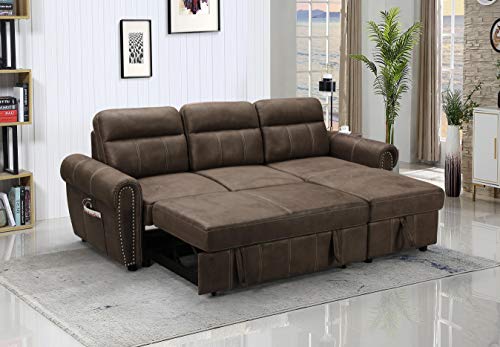 Lilola Home Hugo 96" W Brown Reversible Sleeper Sectional Sofa Chaise with USB Charger