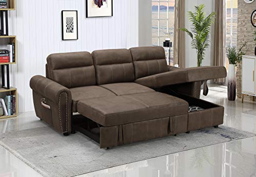 Lilola Home Hugo 96" W Brown Reversible Sleeper Sectional Sofa Chaise with USB Charger