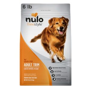 nulo freestyle adult trim formula grain-free weight management dry kibble dog food with healthy digestive aid bc30 probiotic and l-carnitine, cod & lentils, 6 pound bag