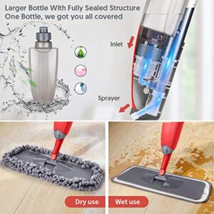 HOMTOYOU Microfiber Spray Mop for Floor Cleaning, Dry Wet Hardwood Kitchen Floor Mop with 635ml Water Tank 360 Degree Spin Dust Chenille Mop with 3 Reusable Refills for Laminate Tile Marble