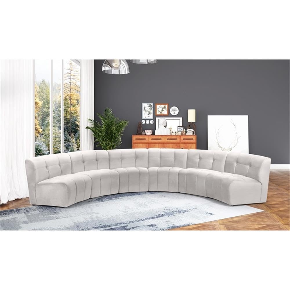 Meridian Furniture Limitless Collection Modern | Contemporary Velvet Upholstered Modular Sectional with Deep Channel and Button Tufting, 6 Piece, Cream