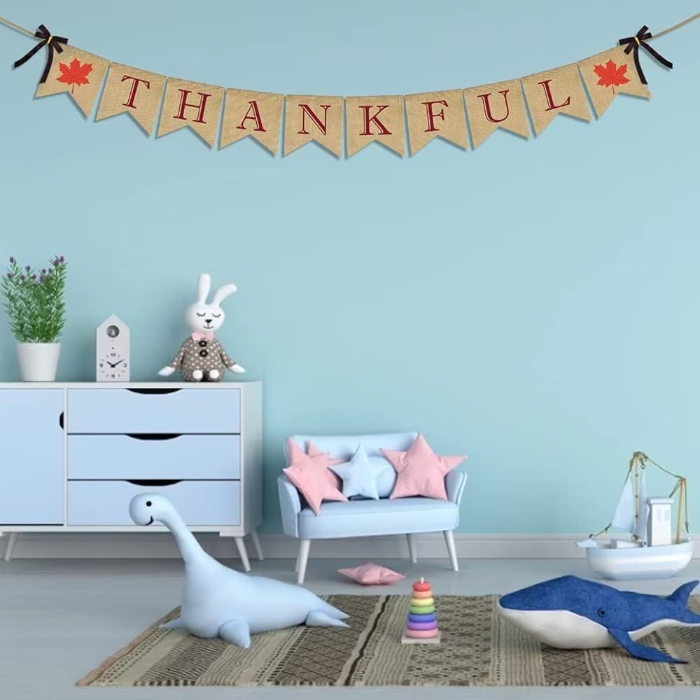 ERKOON Thankful Burlap Banner, Thankful Burlap Wall Banner, Thanksgiving Decor Banner for Harvest Time Thanksgiving Party Decorations