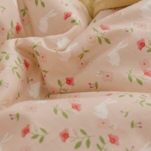 BlueBlue Rabbit Duvet Cover Set Queen 100% Cotton Bedding for Kids Boys Girls Teens Cartoon Bunny Red Flower Garden on Pink 1 Reversible Check Comforter Cover Full 2 Pillowcases