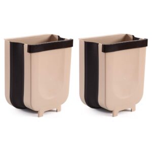 vidigi -2 pack brown hanging trash can | small waste basket garbage bin 2.4 gallon | collapsible mini garbage bin bedroom bathroom | wall mounted folding waste bin kitchen cabinet door hanging