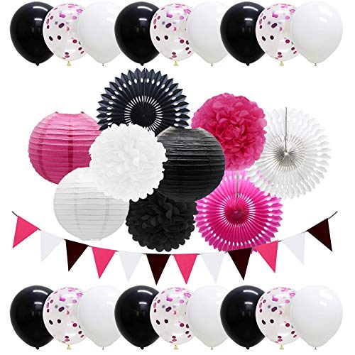 Meiduo Hot Pink White Black Party Decorations Paper Fans Lanterns Flower Pom Poms Felt Pennant Balloons for Lingerie Bridal Shower Minnie Mouse Themed Birthday Bachelorette Hen Party Valentine's Day