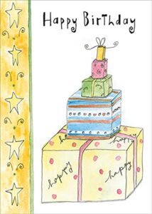 rsvp birthday greeting card by sandy gingras: pile of sparkling presents and stars, 5" x 7"