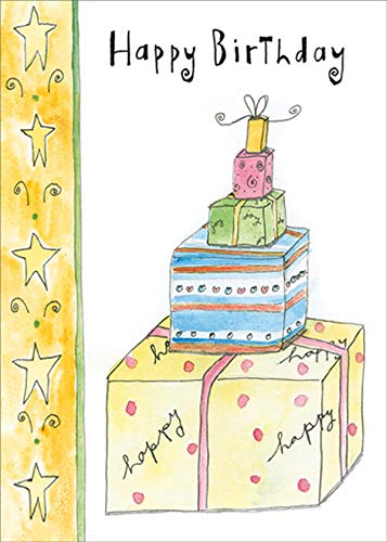 RSVP Birthday Greeting Card by Sandy Gingras: Pile of Sparkling Presents and Stars, 5" x 7"