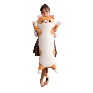 jensquaify long cat plush pillow, soft cat stuffed animals body pillow kitten plush hugging pillow toy gifts for kids (brown, 35.4 inch)