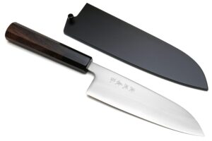 yoshihiro white steel #1 stainless clad japanese santoku multipurpose chef knife with rosewood handle (6.5"(165mm) & saya cover)