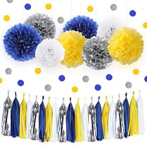 iguo 30pcs tissue pom poms party supplies,yellow navy blue white silver birthday party decorations paper tassel garland for bridal shower wedding school ceremony graduation theme party supplie