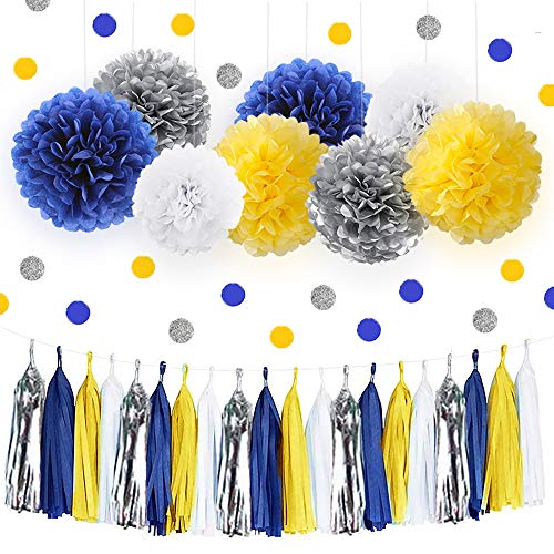 IGUO 30pcs Tissue Pom Poms Party Supplies,Yellow Navy Blue White Silver Birthday Party Decorations Paper Tassel Garland for Bridal Shower Wedding School Ceremony Graduation Theme Party Supplie