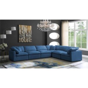 Meridian Furniture 602Navy-Sec6A Plush Collection Contemporary Down Filled Comfort Overstuffed Velvet Upholstered Modular L-Shaped Sectional 6-Seater Navy