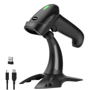 usb wireless barcode scanner with stand,symcode barcode scanner wireless versatile 2-in-1 (2.4ghz wireless+usb 2.0 wired) rechargeable cordless 1d barcode reader usb handheld bar code scanner wireless